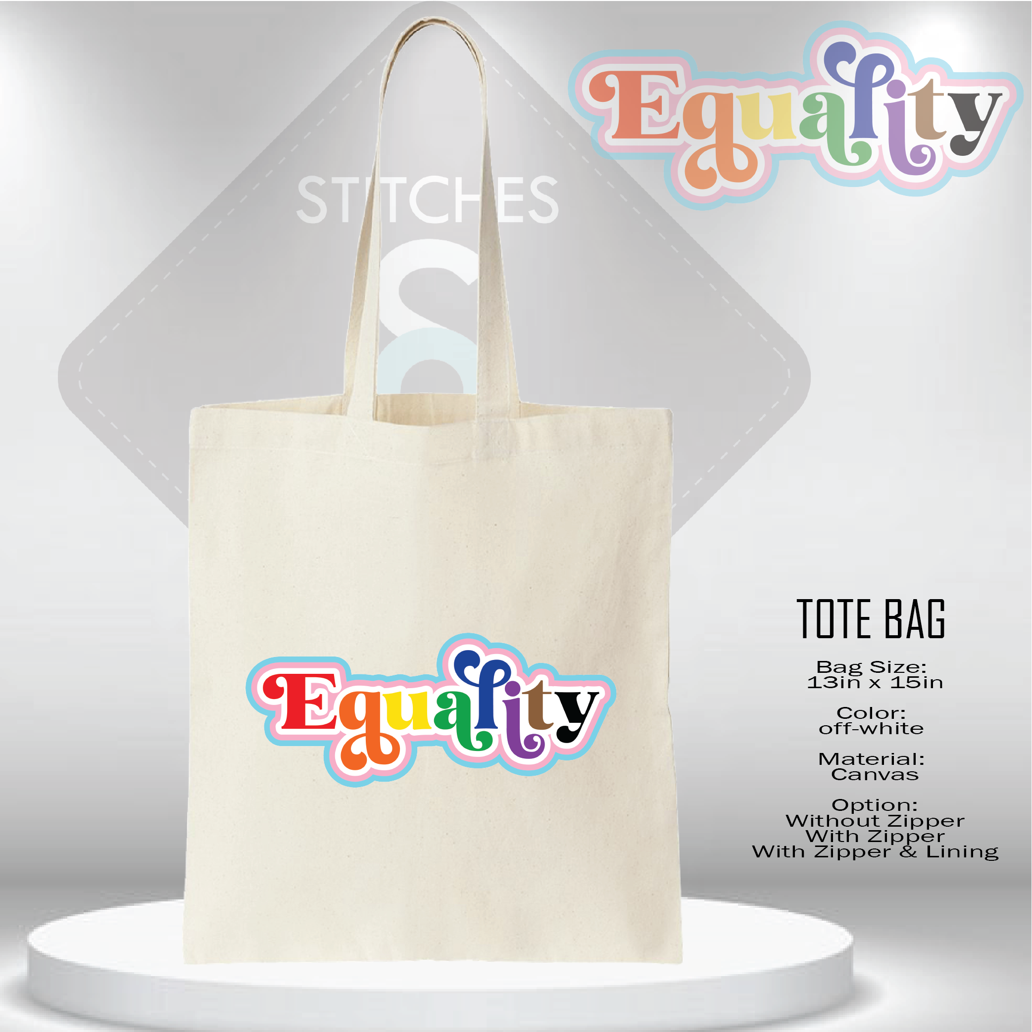 Stitches and Print Tote Bag Equality/pride (13x15in) Canvas | Without ...
