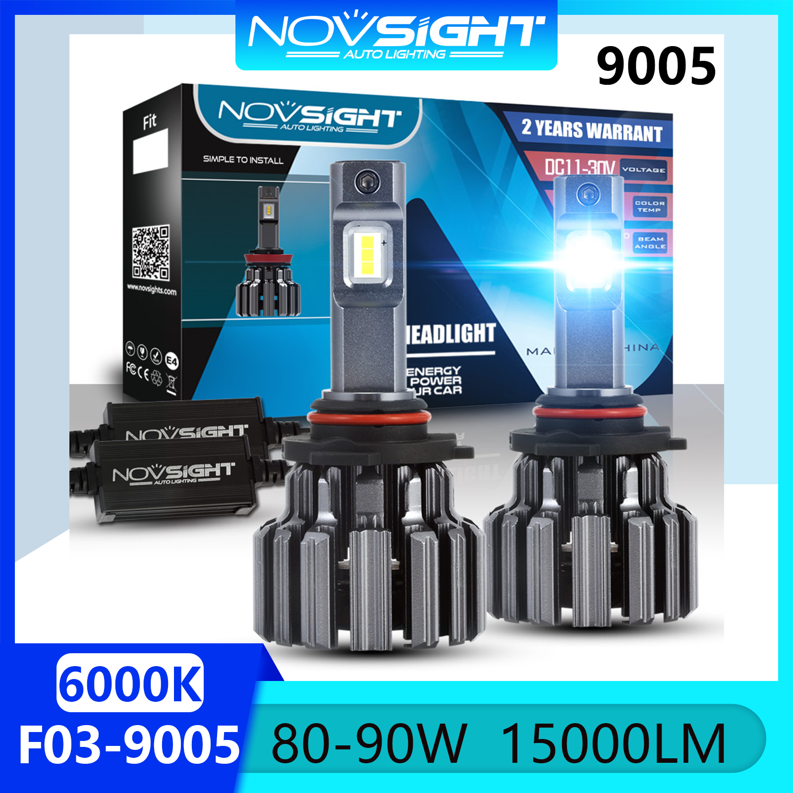 Novsight F03 9005 HB3 LED Headlight Bulb Kit 80W 15000LM 6000K White Super Bright LED Lights for ...