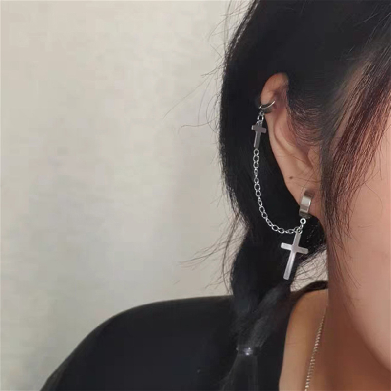 WEICHENG Punk Cross Tassel Clip Earrings for Women Men Ear Vintage ...