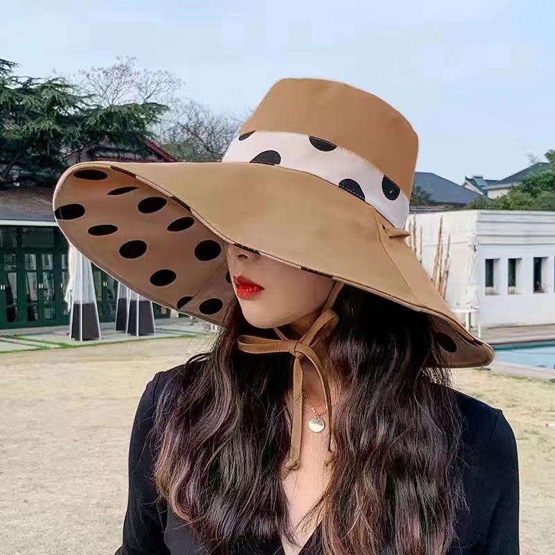 Korean fashion Double-Sided Polka Dot Big Brim Sun Hat Sun Visor Bucket ...