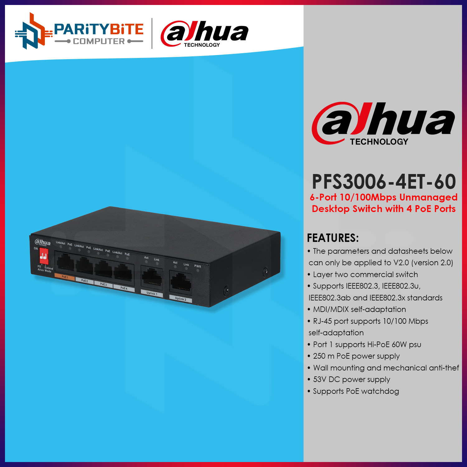 Dahua Desktop Switch PFS3006-4ET-60 4 PORTS POE SWITCH Unmanaged ...