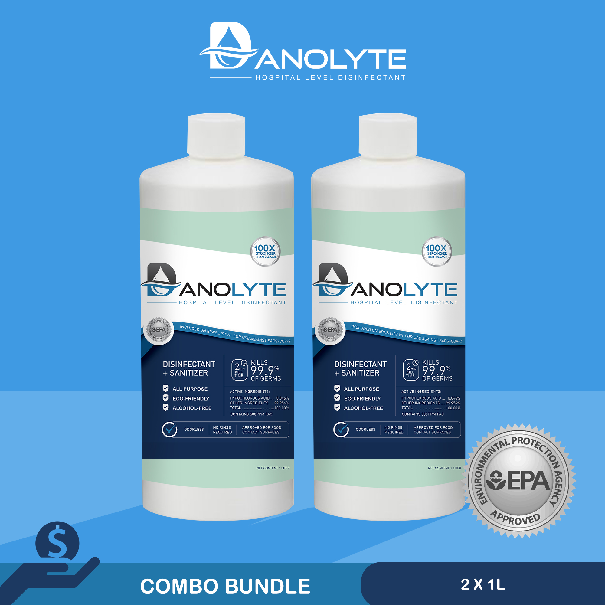 2 Containers of 1 liter Danolyte® BUNDLE, All-Purpose Disinfectant ...