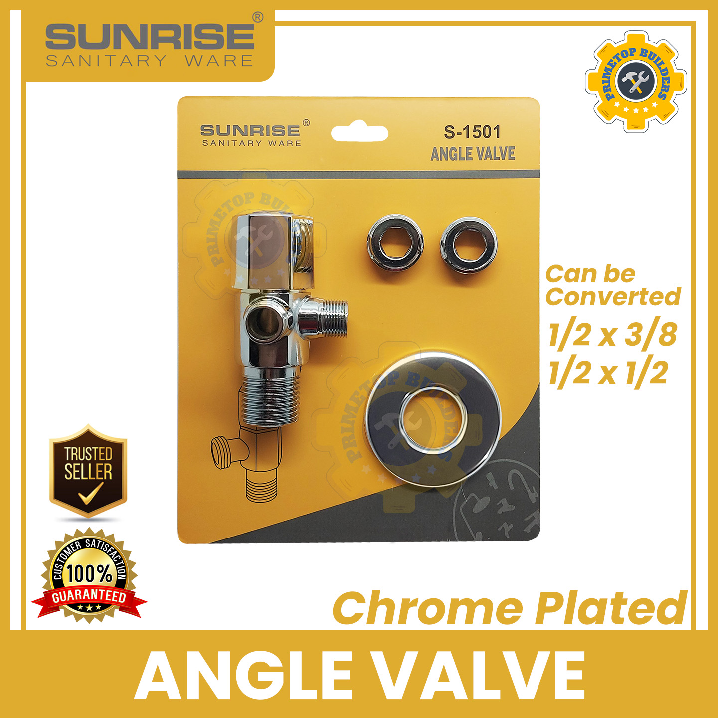 SUNRISE Angle Valve with Adaptor 1/2" x 1/2" & 1/2" x 3/8" Chrome HD S ...