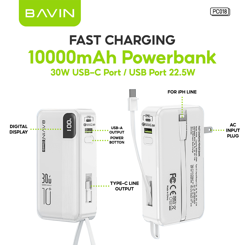 BAVIN PC018 10000mAh 30W Fast Charging Portable Powerbank w/ Built-in ...