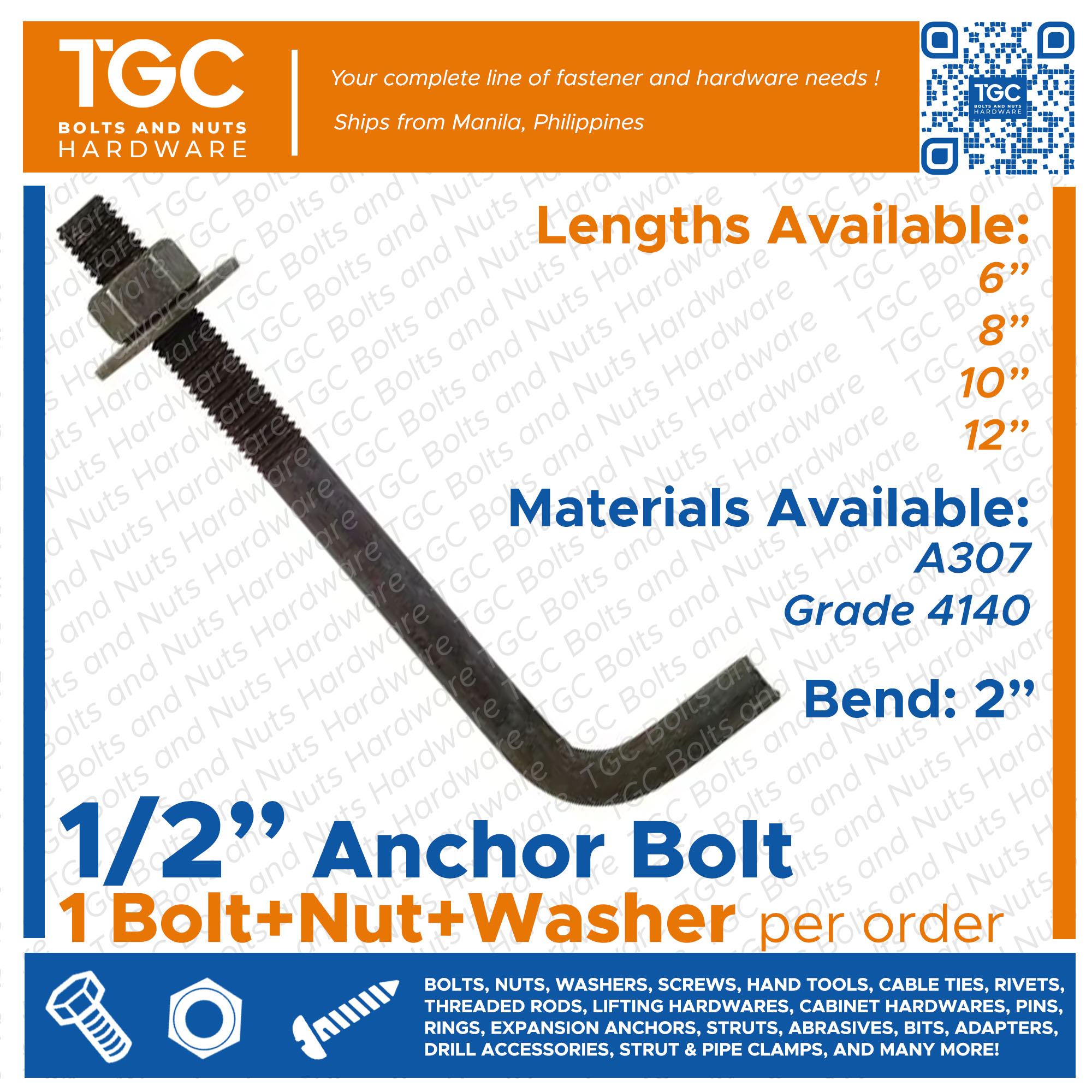 1SET 1/2 inches Anchor Bolt L-Type A307 4140 BI with nut and washe ...
