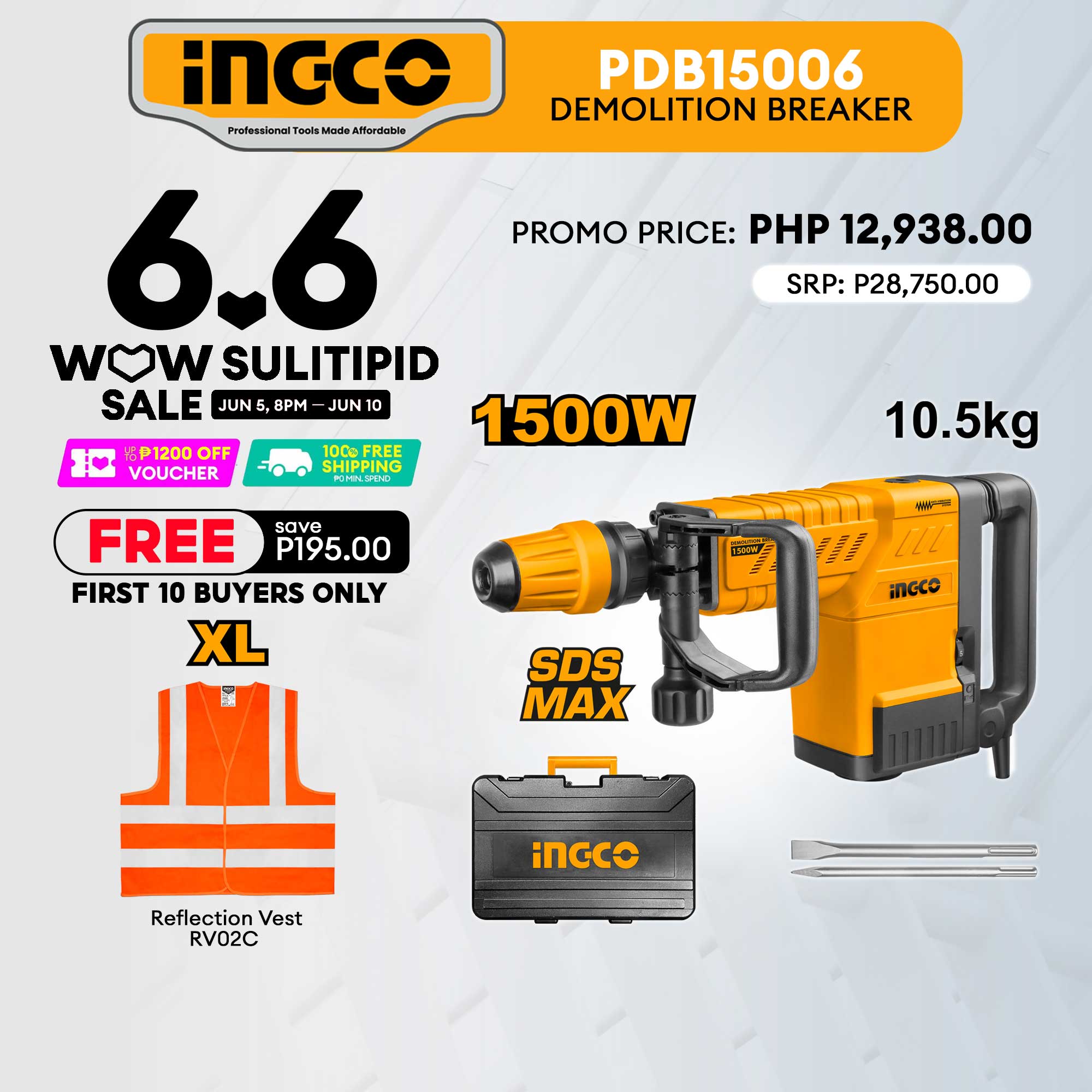 INGCO 1500W Jack Demolition Hammer Chipping Gun Breaker Percussion ...