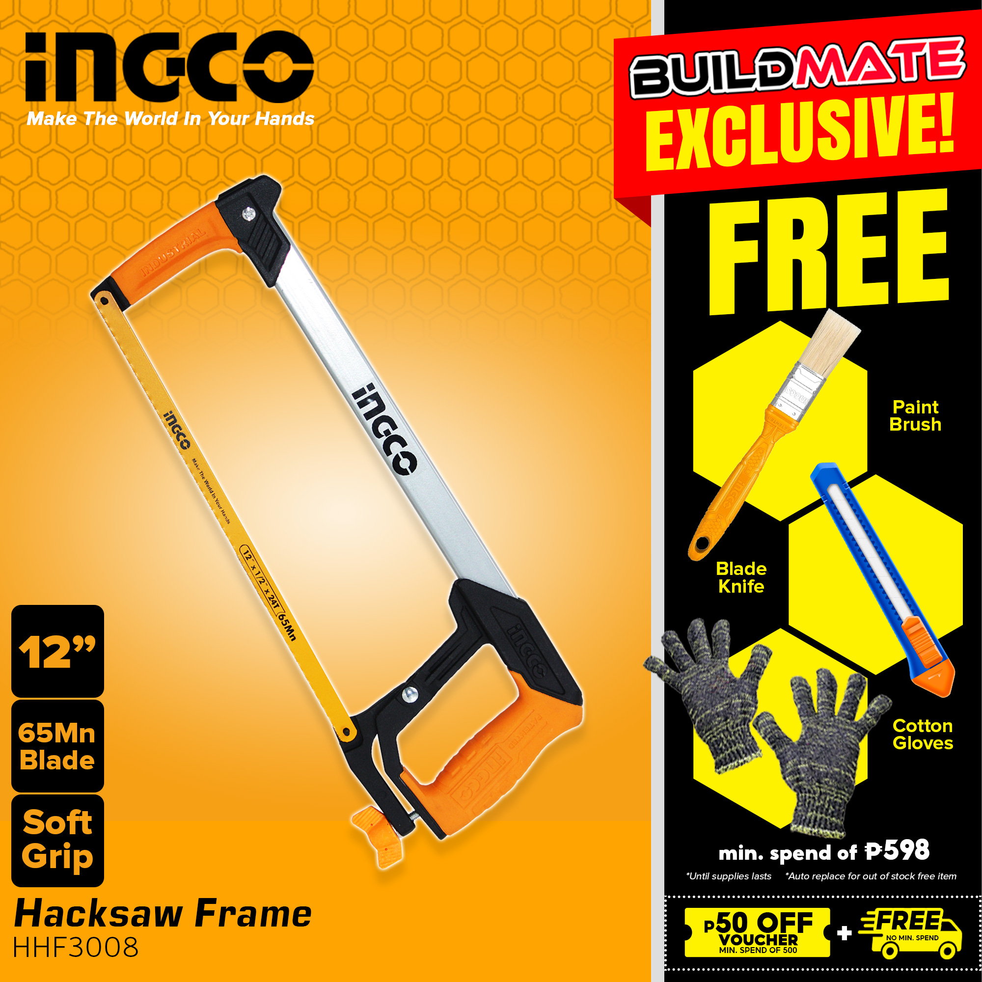 BUILDMATE Ingco Hacksaw Frame 12" Inch 300mm Hack Saw With 1pc Hacksaw ...