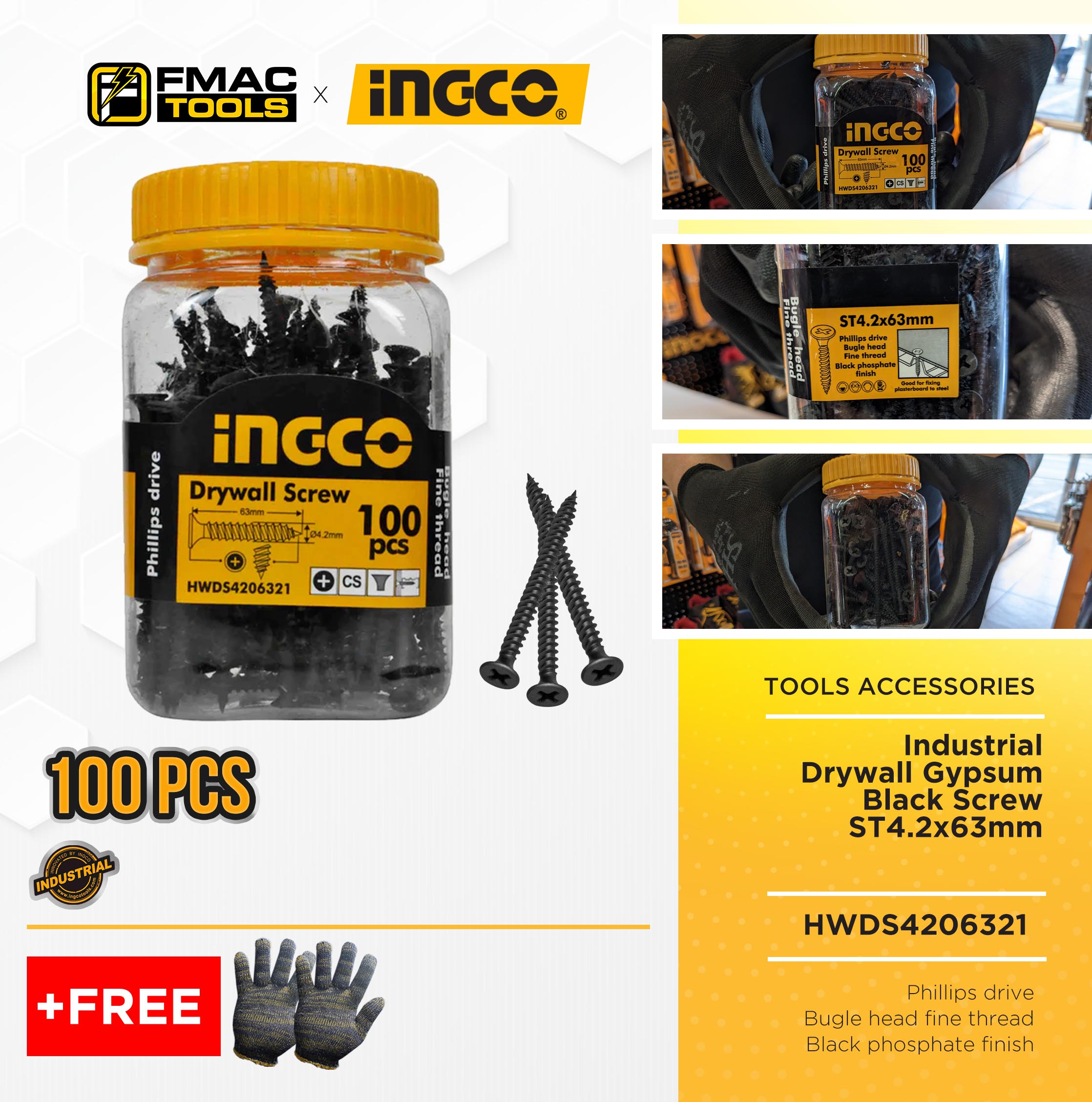 INGCO Industrial Drywall Gypsum Black Screw 100 pcs ST4.2x63mm ...