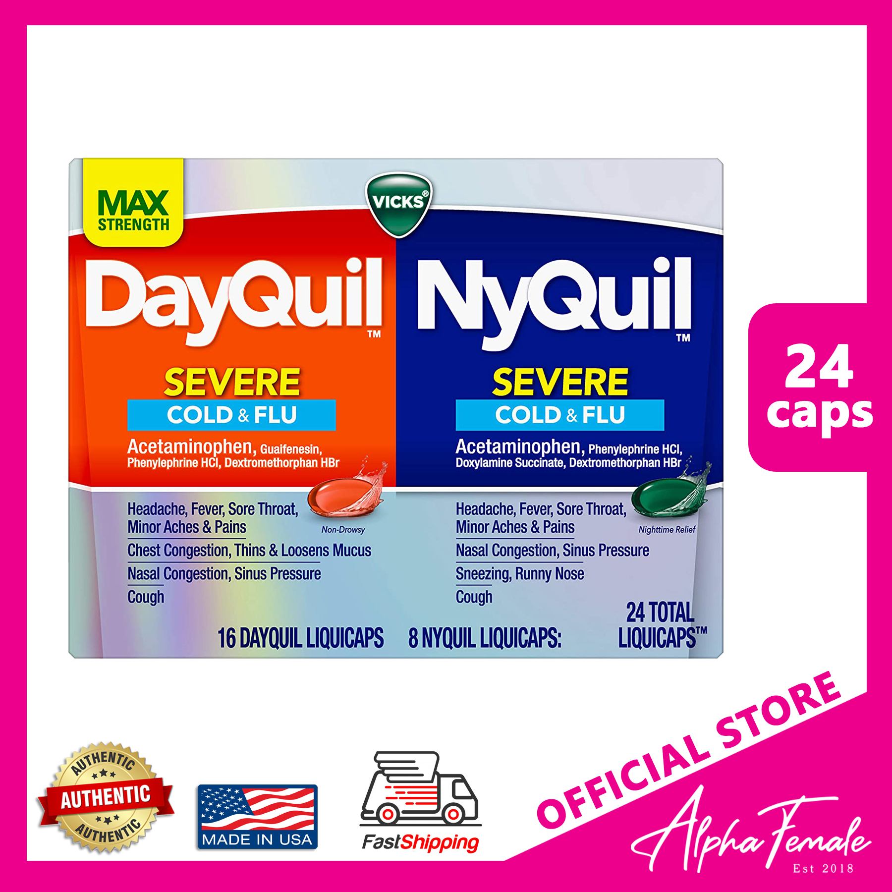 Vicks Max Strength Dayquil Nyquil Severe Cold & Flu for Headache, Fever ...
