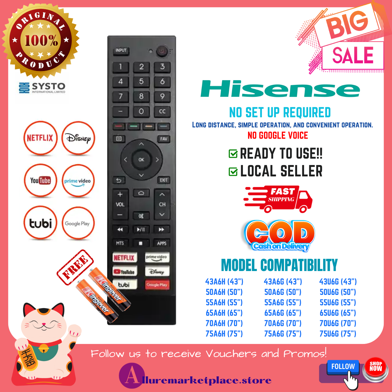 HISENSE Smart TV Remote Control for - 43A6H 55A6H 75A6H 43A6G to 75A6G ...