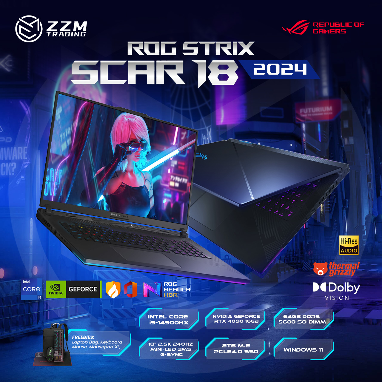 Asus ROG Strix SCAR 18 2024 (G834J) 18" ROG Nebula core i9 14900HX RTX 4090 | 64GB DDR5 | 2TB ...
