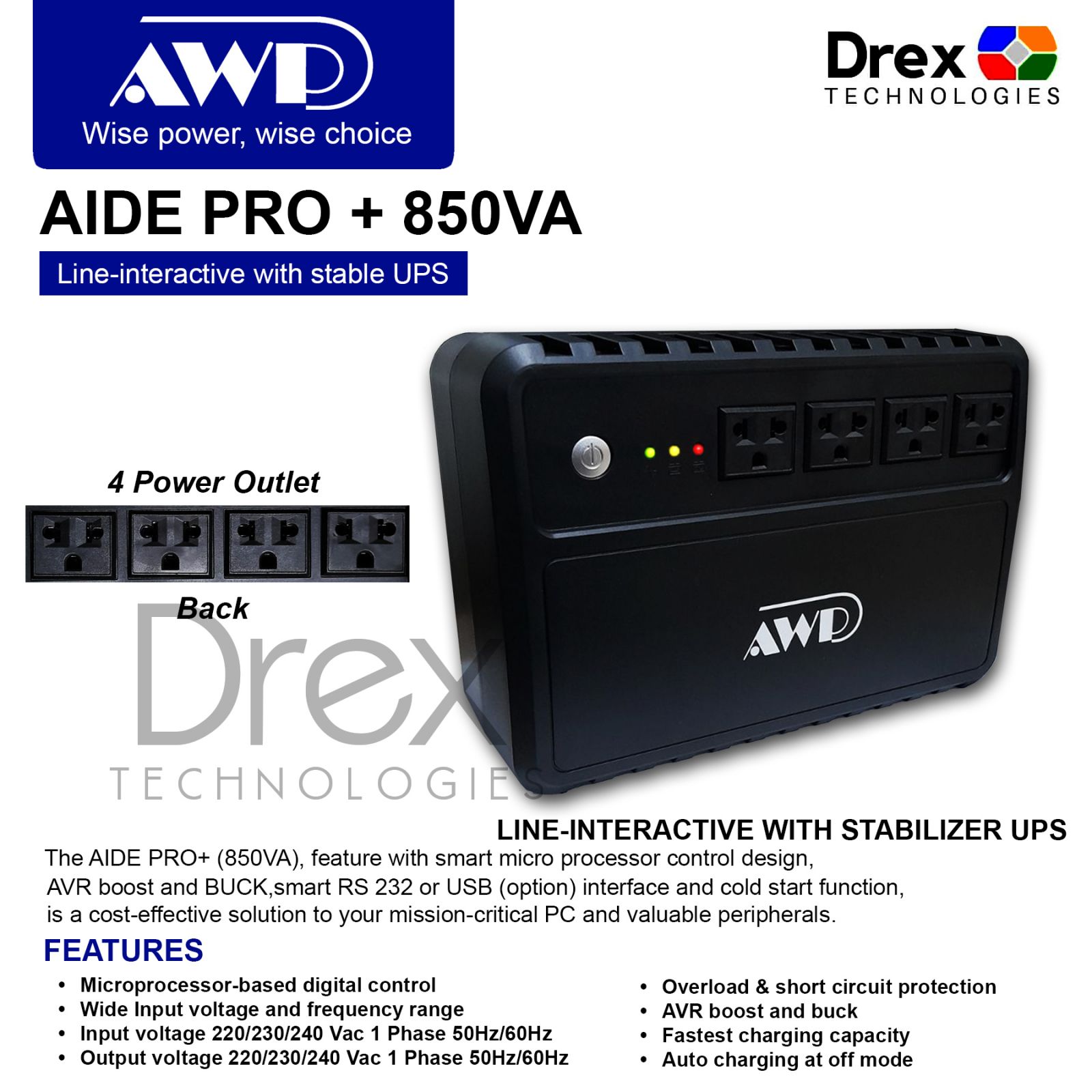 AWP UPS 850VA AIDE PRO Line-Interactive with Stabilizer Uninterruptible ...