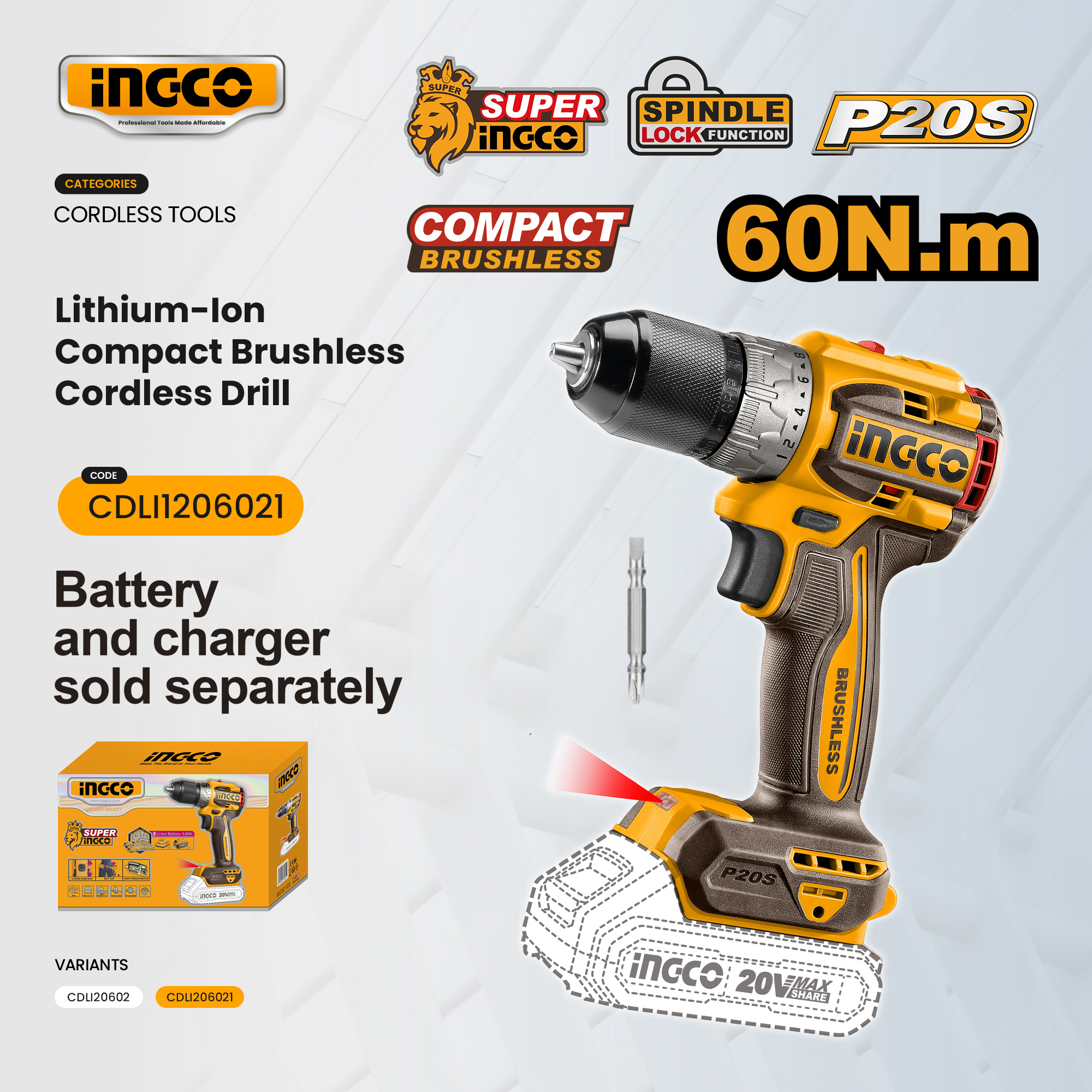 Ingco Lithium-Ion 20V Compact Brushless Cordless Drill Metal Chuck 2 ...