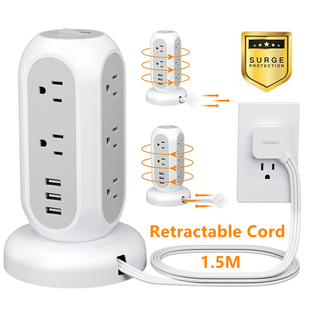 TESSAN Surge Protector Power Strip Vertical Tower with 3 USB and 8 ...