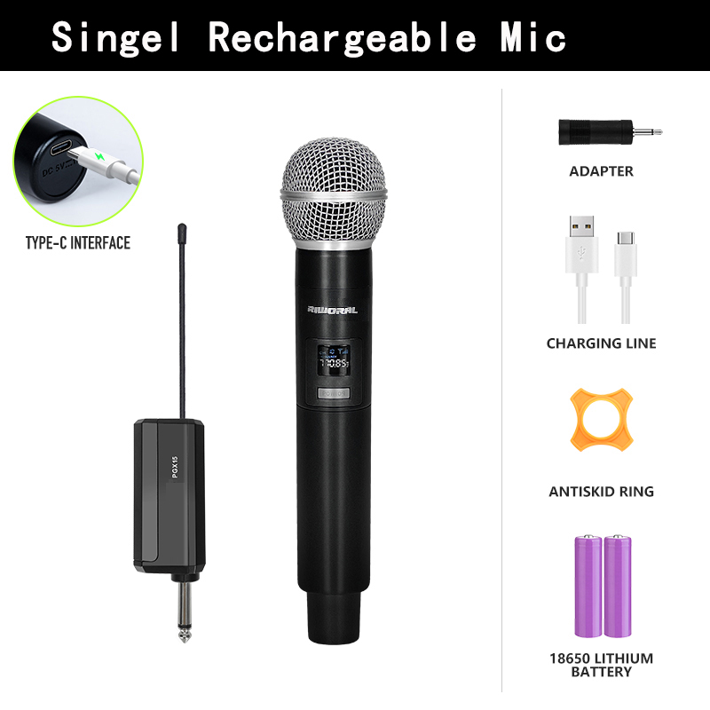 Wireless Microphone Rechargeable Dual UHF Handheld Mike Dynamic Mic ...