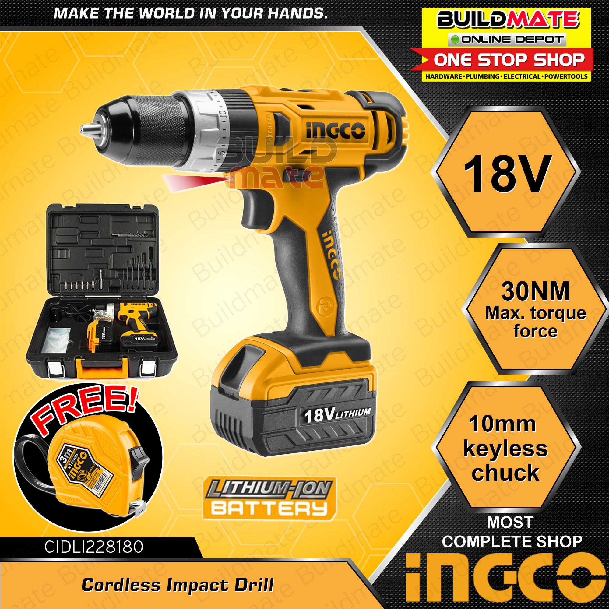 INGCO Cordless Impact Drill with 18V Li-ion Battery and Charger ...