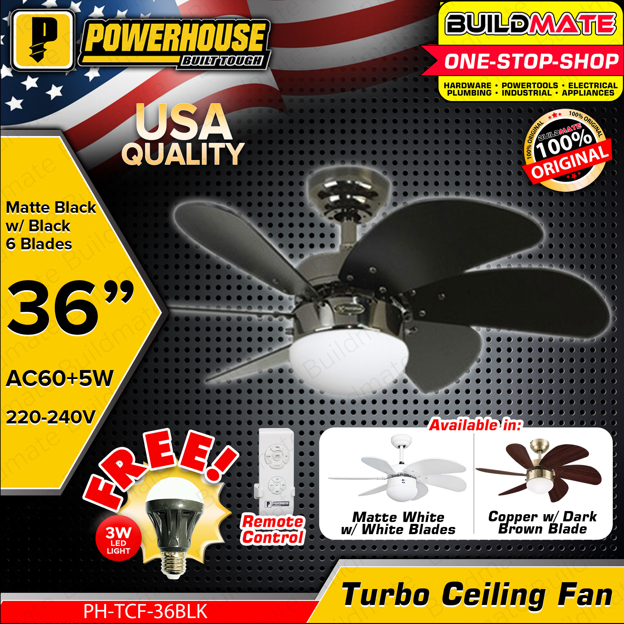 POWERHOUSE Turbo Ceiling Fan AC Motor 36in With Led Bulb with Remote ...