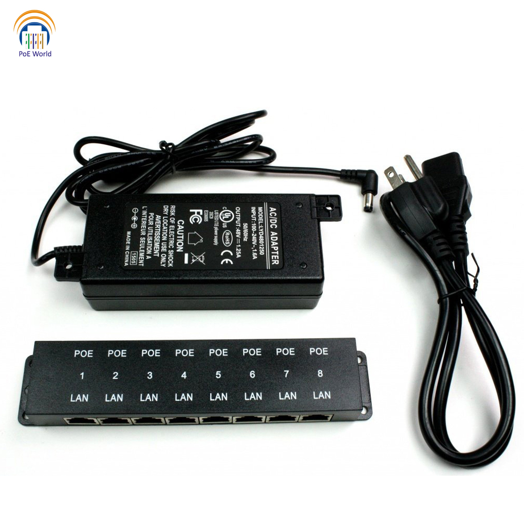 PoE World PoE Injector Kits 8 Port 10/100 Mode B PoE Injector with 48V ...