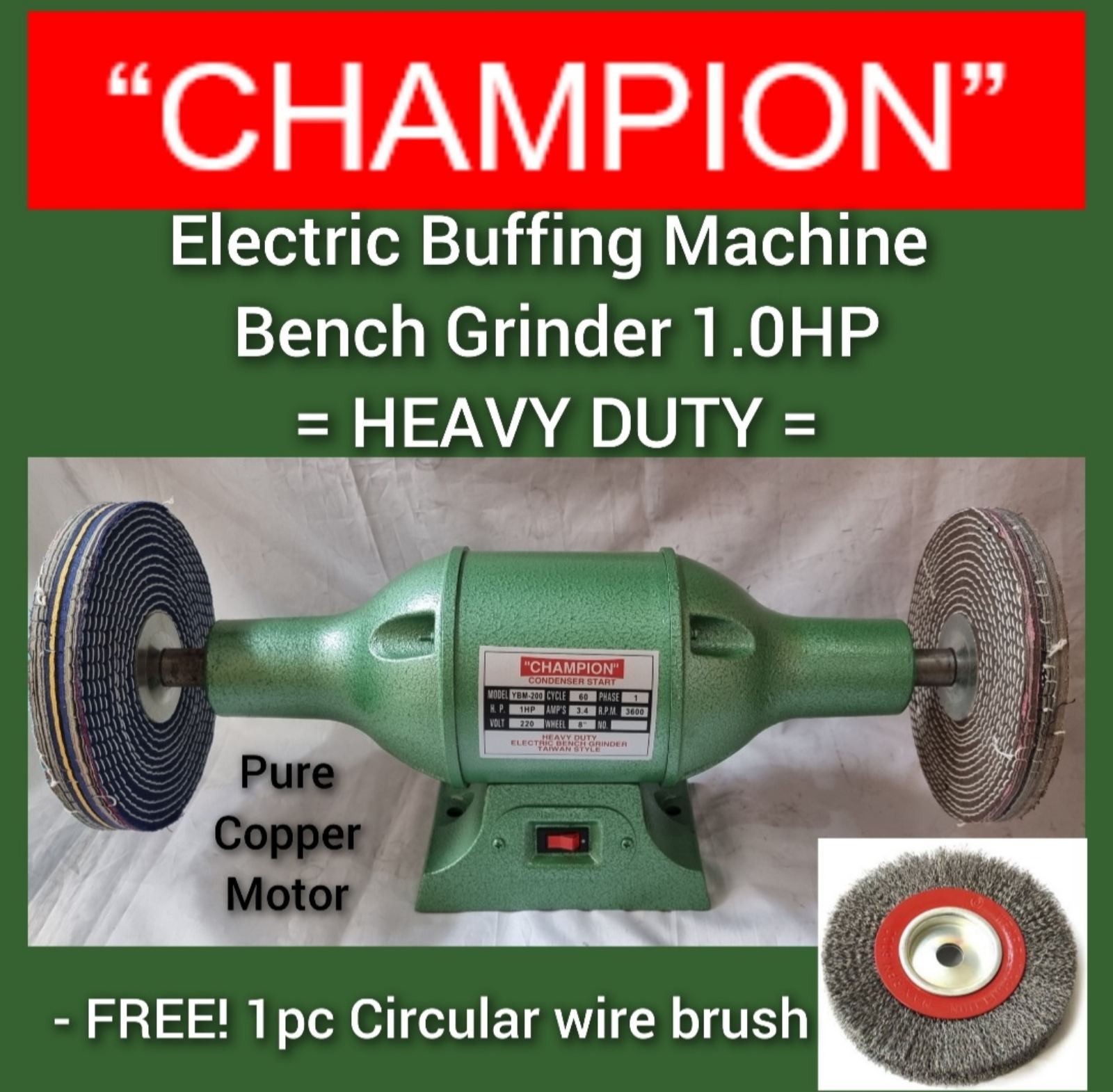 CHAMPION Original Electric Buffing Machine & Bench Grinder 1.0-HP Pure ...