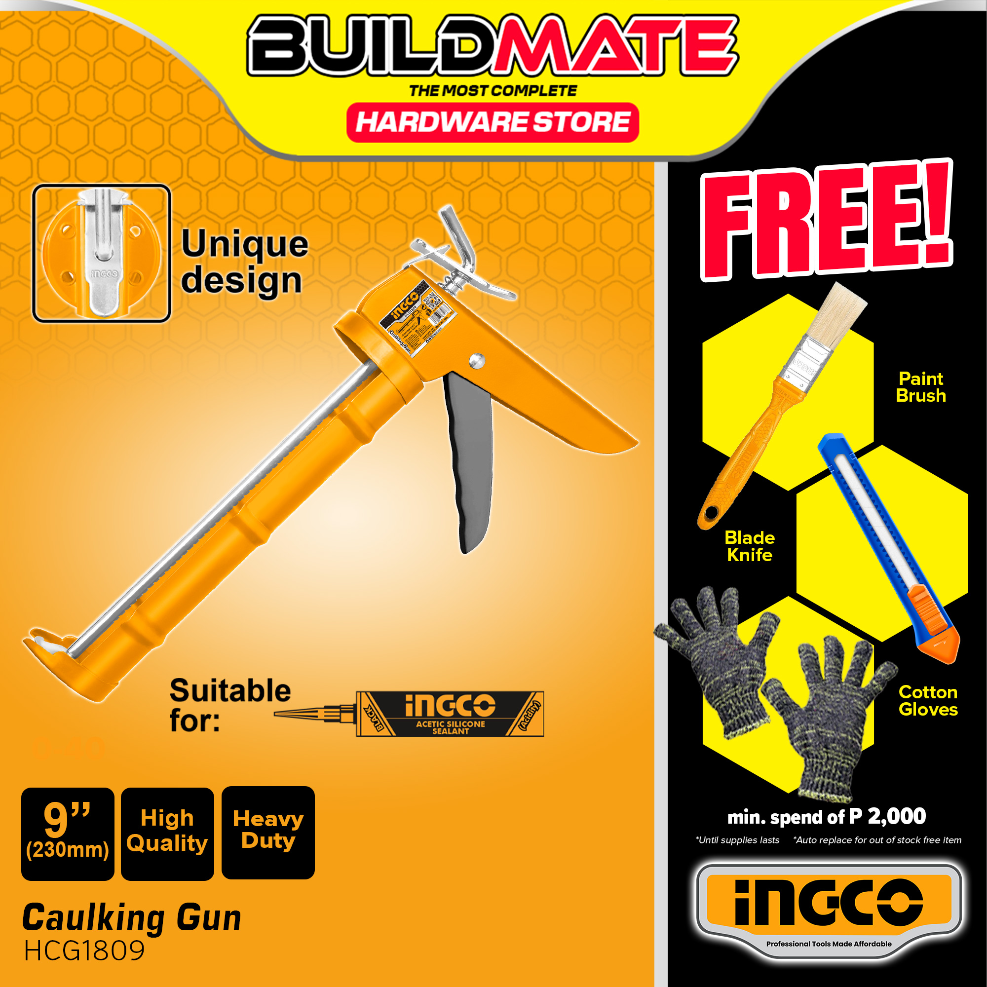 BUILDMATE Ingco Caulking Gun 9" Inch Iron Shank with Teeth Silicon ...