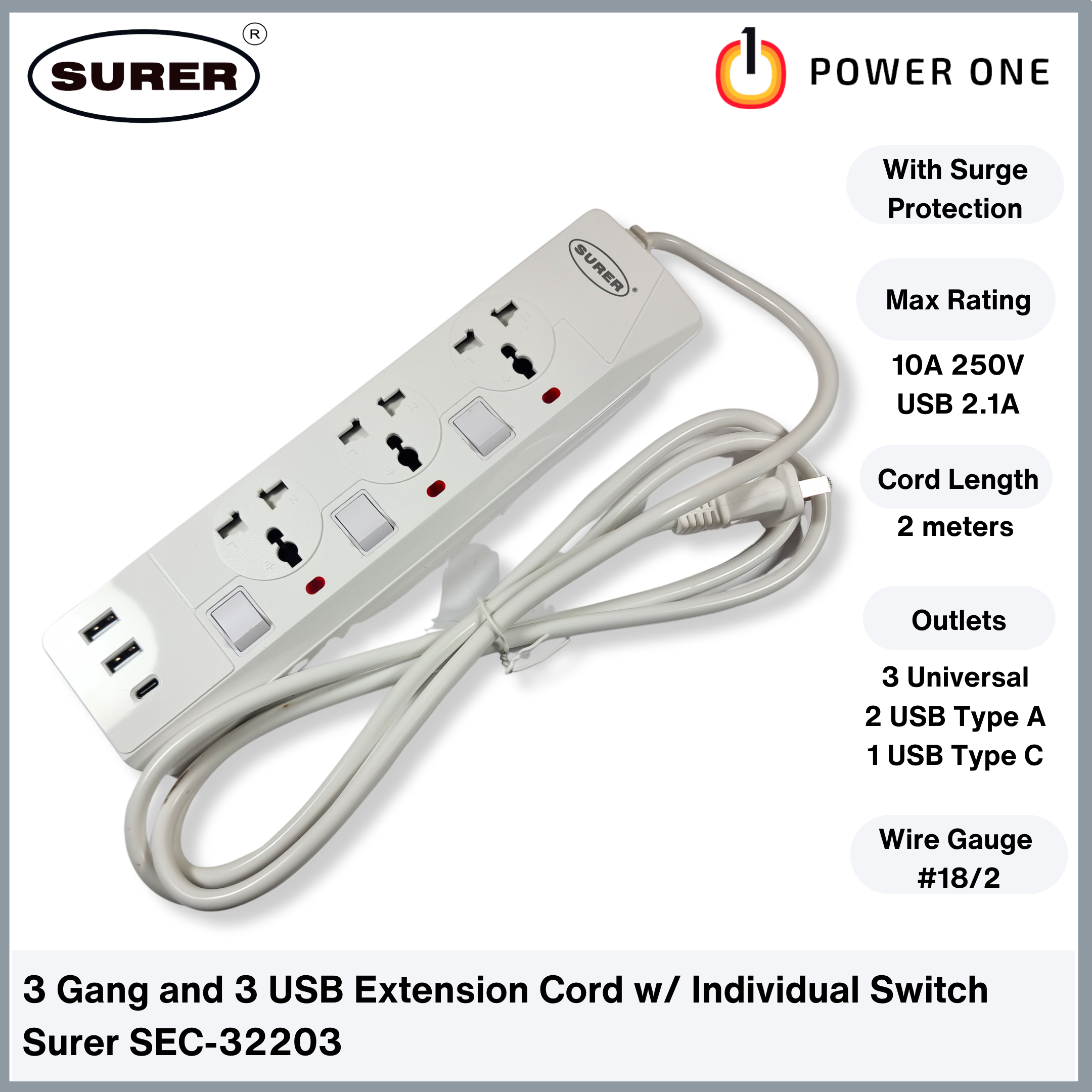 SURER 3 Gang Universal and 3 USB Outlet (2 Type A + 1 Type C) Extension ...