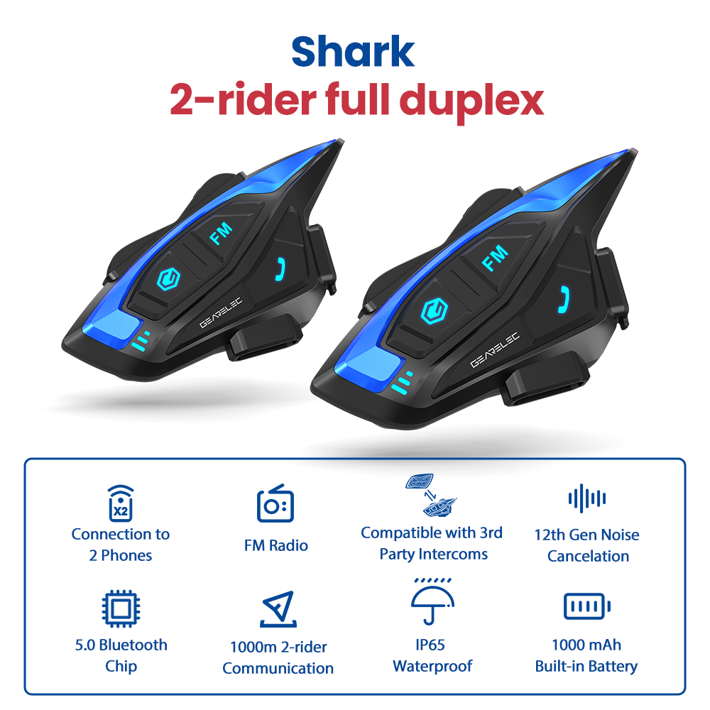 GEARELEC Shark Motorcycle Bluetooth Intercom Headset 2-Rider intercom ...