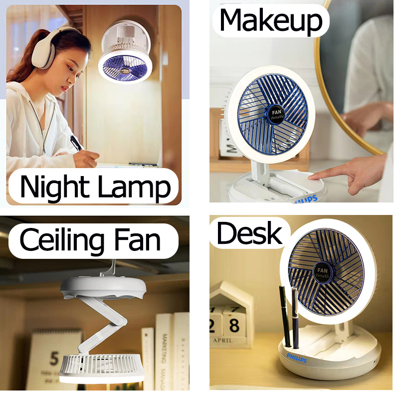 Philip/ss 4 IN 1 Portable Folding Fan LED Light Desk Table Fan 4-Speed ...