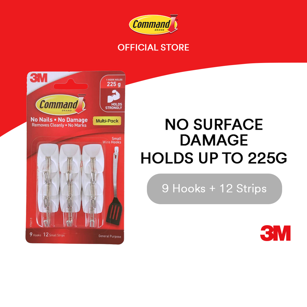 3M™ Command™ Wire Hooks 17067-9, 9 hooks + 12 strips Holds Up to 225g ...