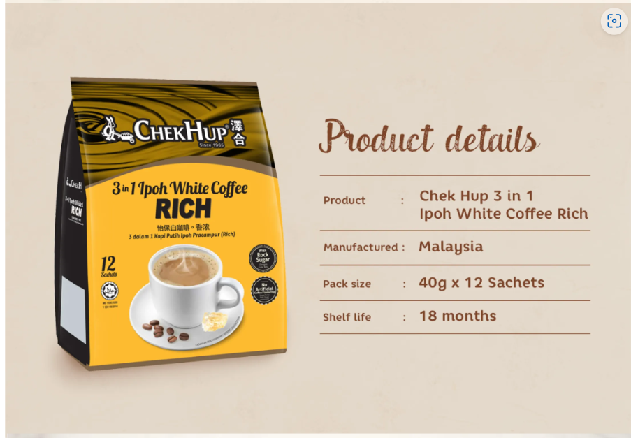 Chek Hup 3 in 1 Ipoh White Coffee Rich - 40g x 12s | Lazada PH