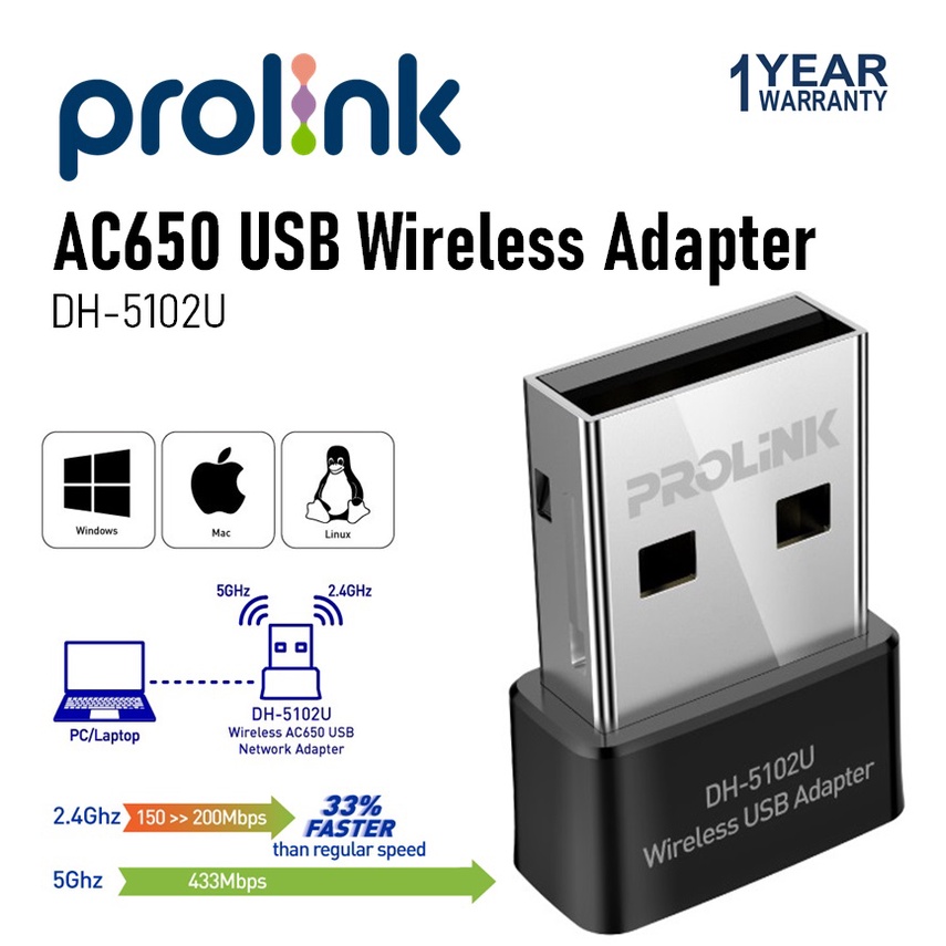 PROLiNK DH-5102U AC650 ac11 Wireless MU-MIMO dual-band Nano USB Adapter for Windows Mac Linux ...