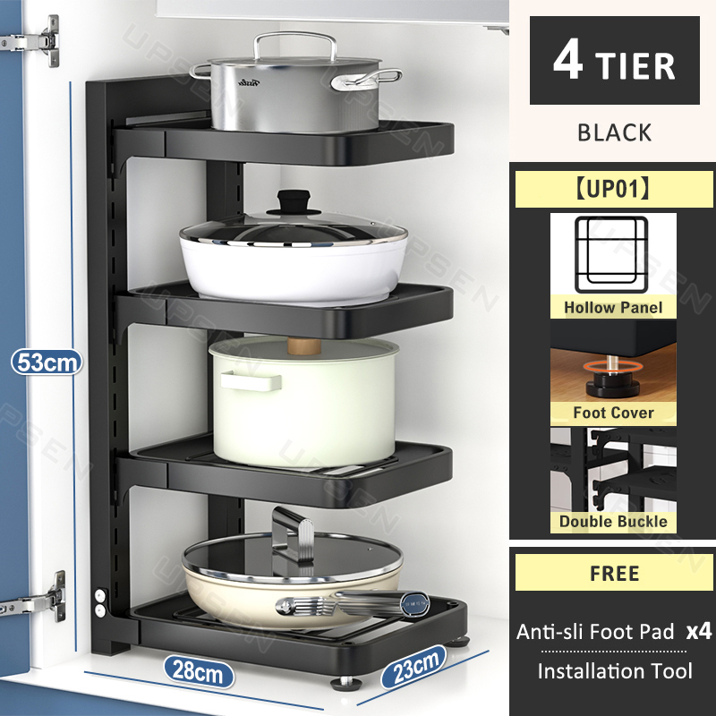 Under Sink Adjustable Pots & Pans Rack Kitchen Countertop Organizer ...