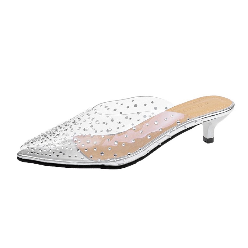 Transparent crystal open pointed Toe Med Thin Heels slippers woman ...