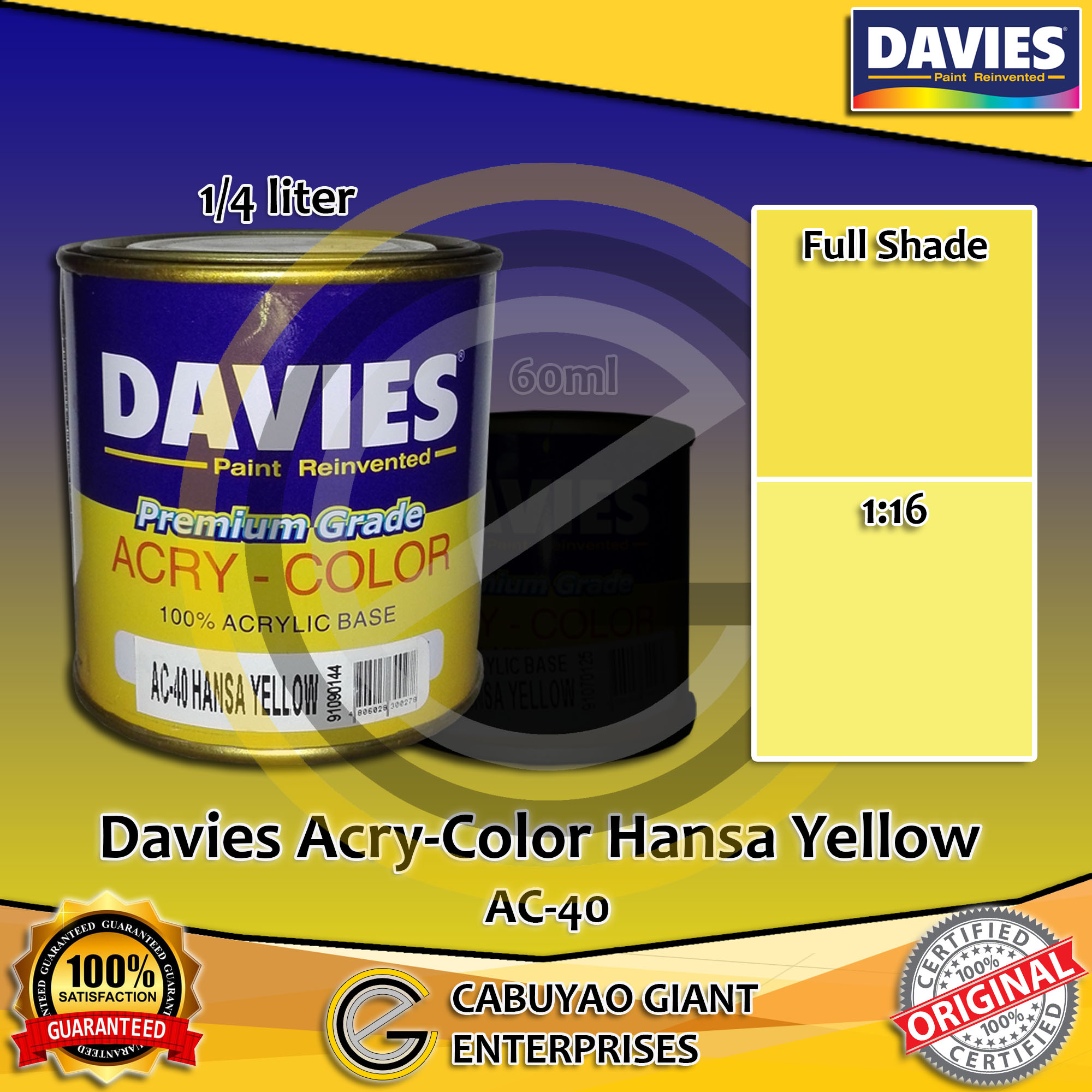 Davies Acry-Color 100% Acrylic Base AC-40 Hansa Yellow [ 1/4 liter ...
