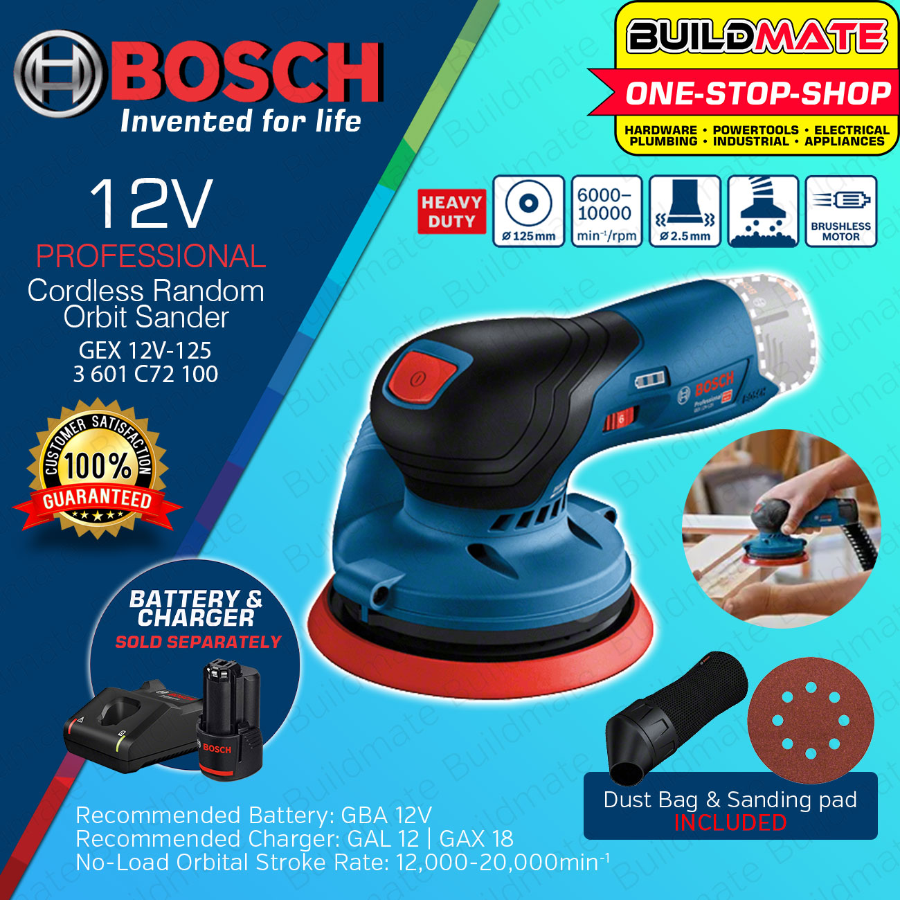 BUILDMATE Bosch Cordless Random Orbit Sander 12V 125mm Orbital Sander ...