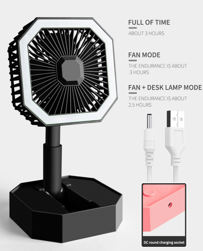 USB Rechargeable Electric Table Fan LED Light Multi-function Fan Stand ...