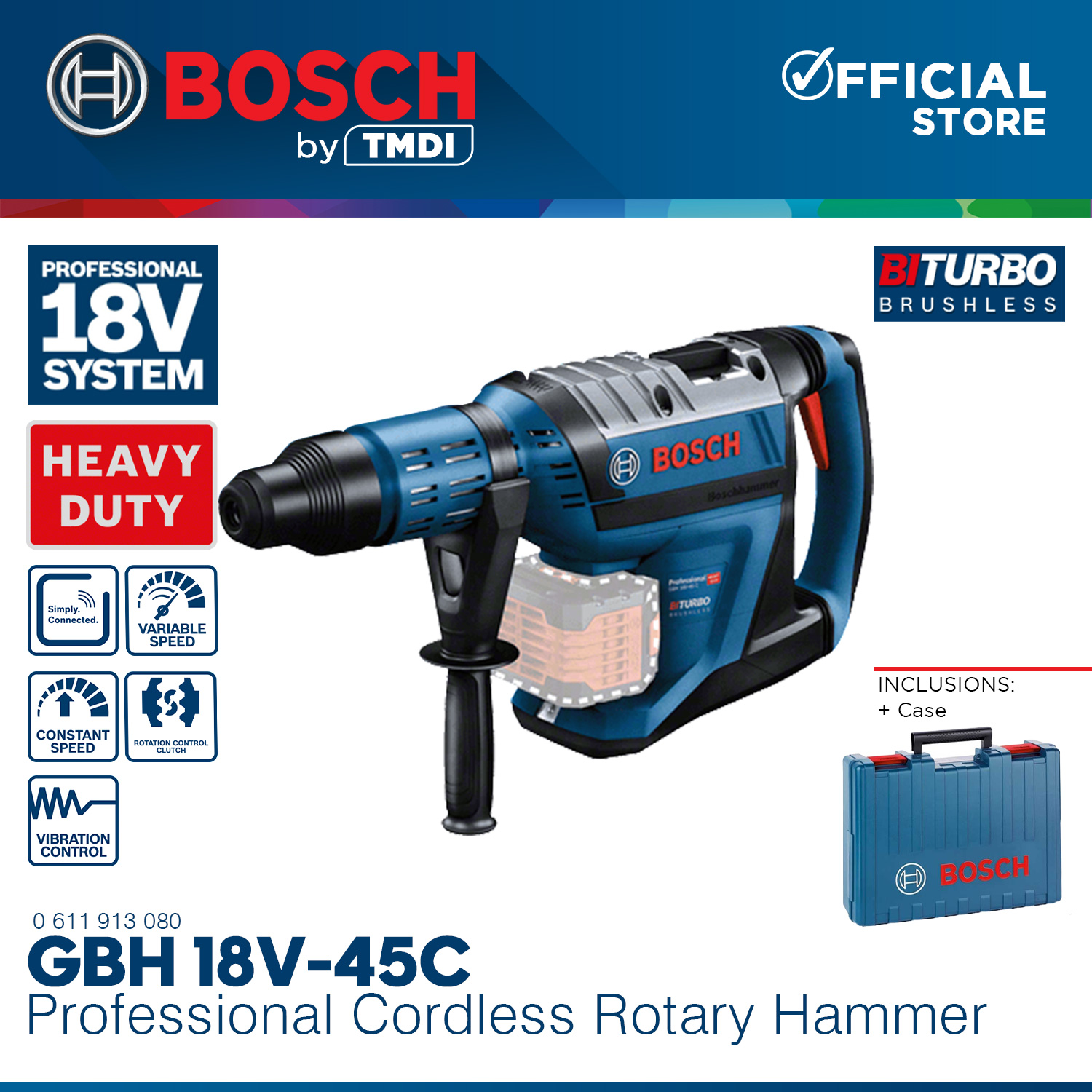 BOSCH Professional Cordless Lithium Ion Li-Ion Hammer Drill GBH 18V-45C ...