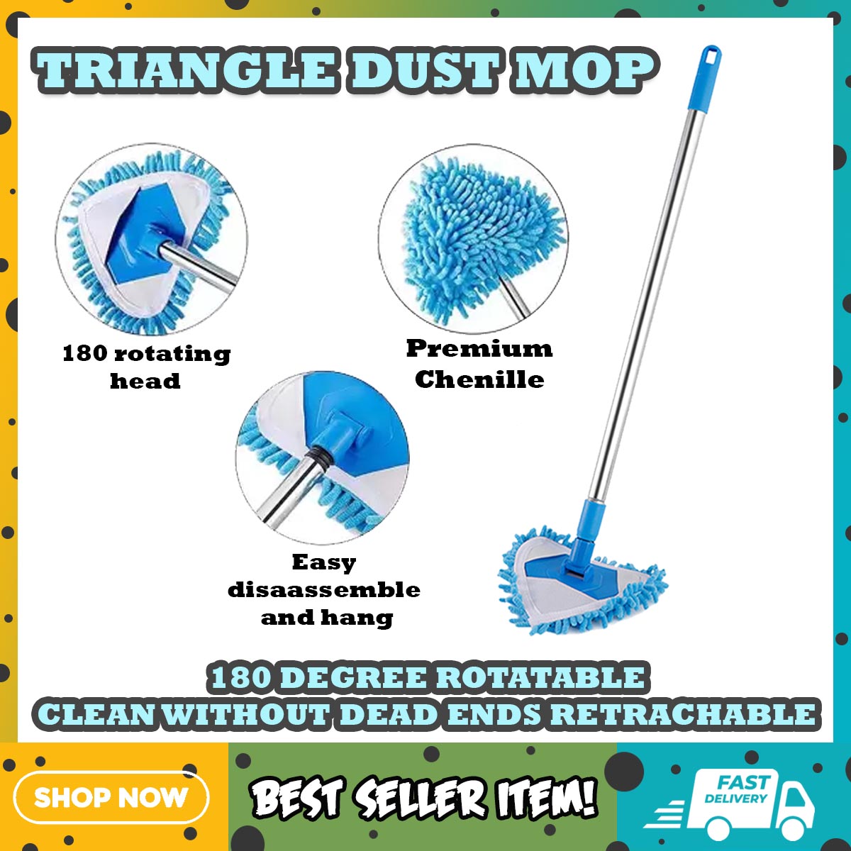Triangle Cleaning Mop, Retractable Cleaning Mop 180° Rotatable ...