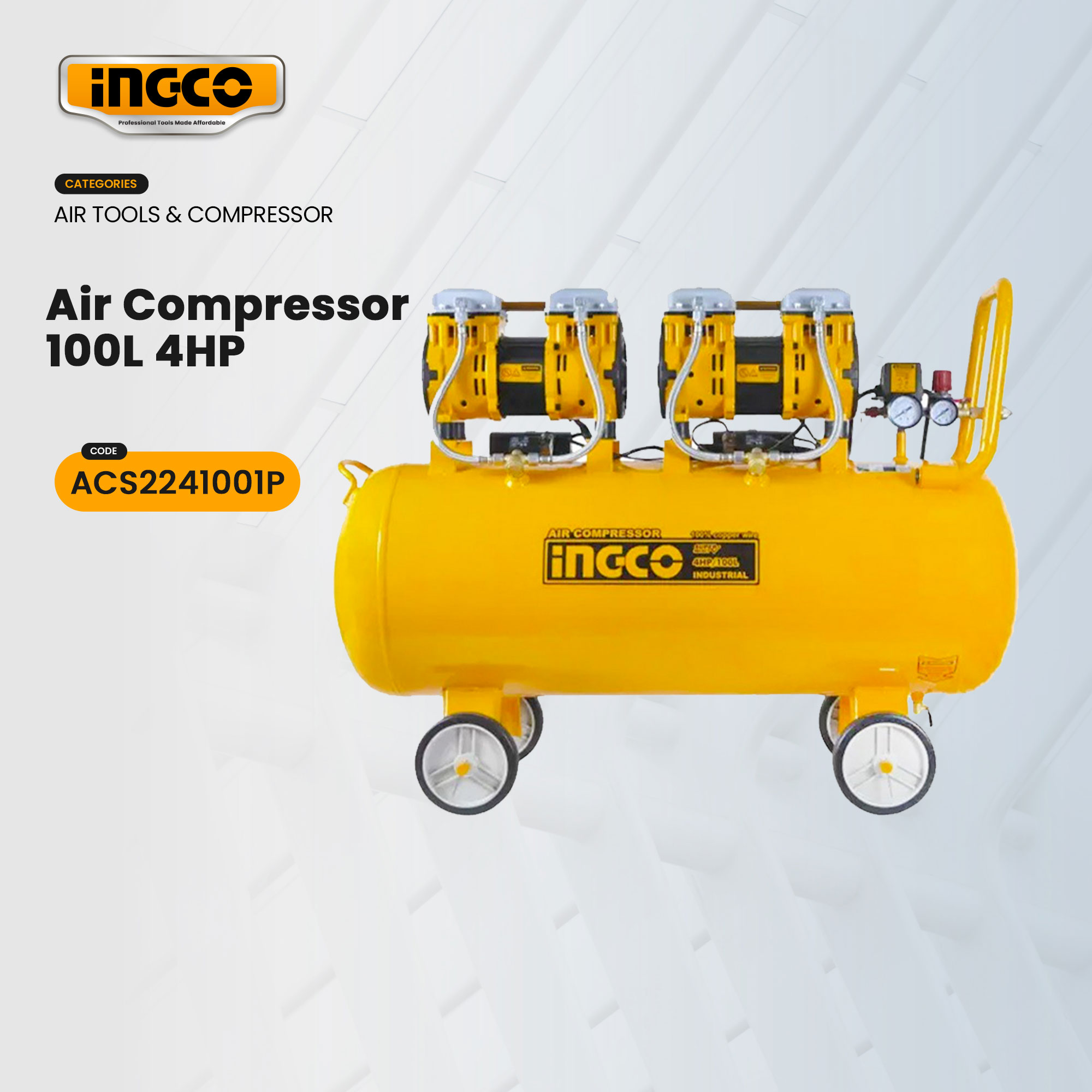 Ingco 1500W Air Compressor Oil-Free Noise Less Oil-Less 4HP 100L SUPER ...