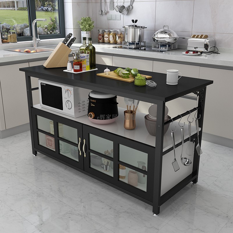 Kitchen chopping table console microwave oven oven shelf floor cupboard ...