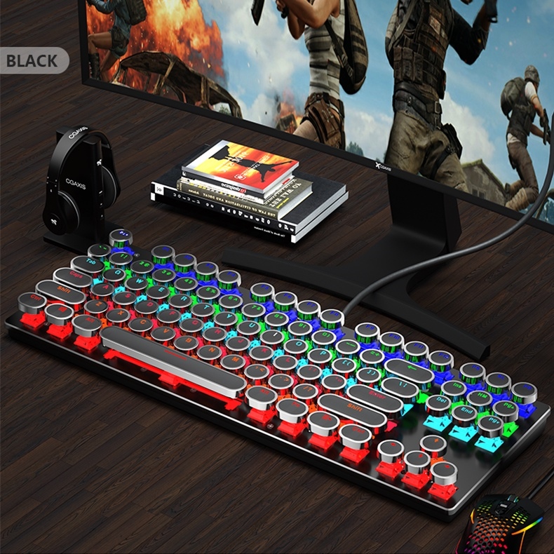 【Swappable Key】LEAVEN K550 RGB Mechanical Keyboard Wired Gigaware 87Key PUNK Keycaps Gaming ...