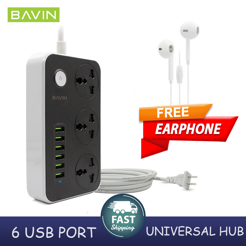BAVIN Quick Charger HUB w/ 3 Power Socket & 6 USB Port Plus FREE ...