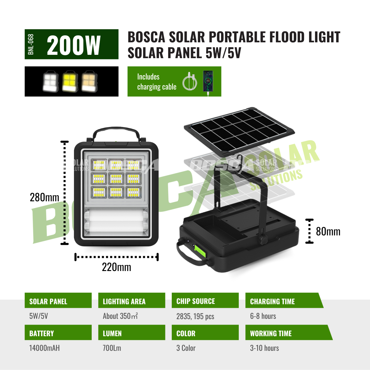 BOSCA Solar Portable Flood Light 100-400W BNL-064-070 3 Color dimming ...