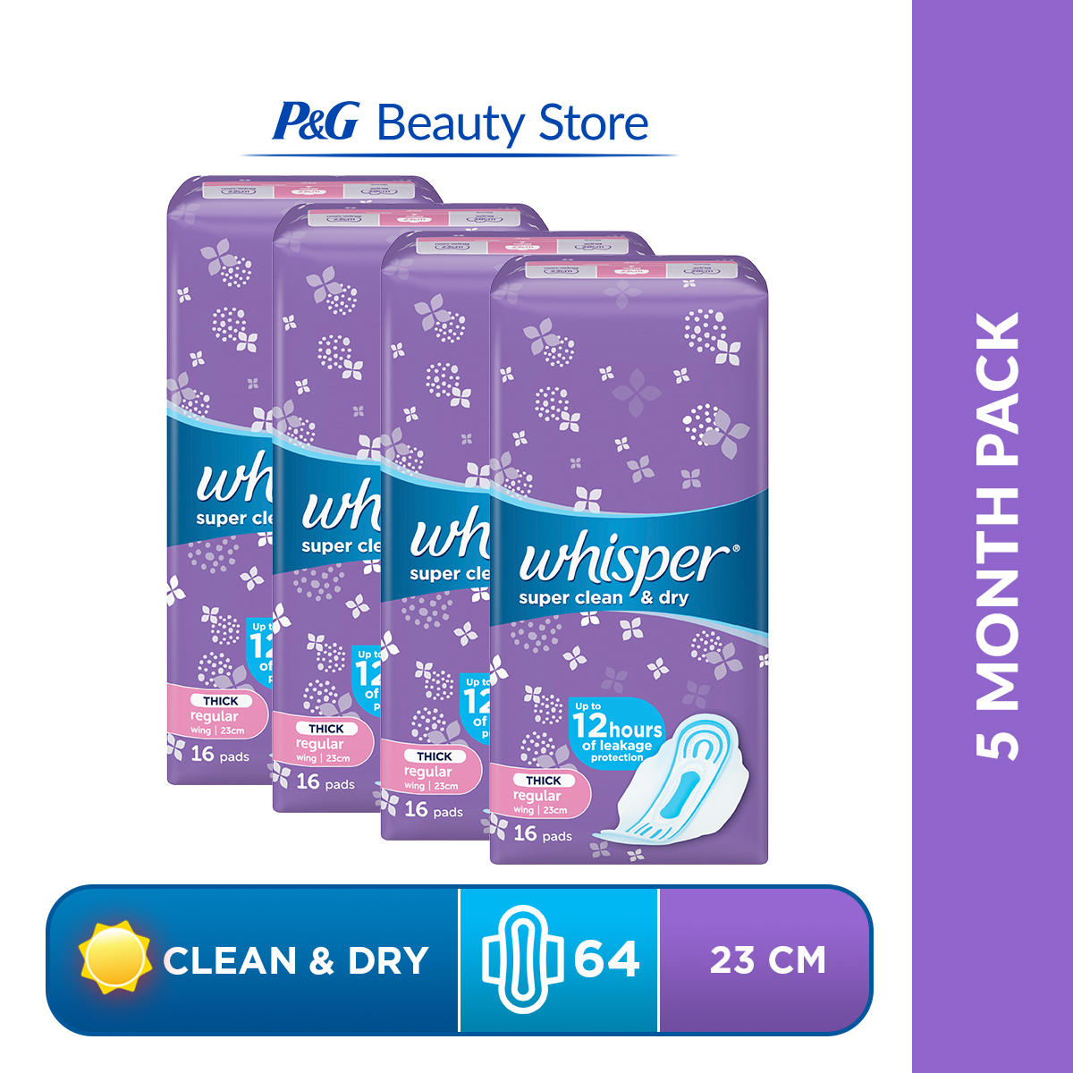 [5 MONTH PACK] Whisper Super Clean & Dry Sanitary Napkin with Wings (16 ...