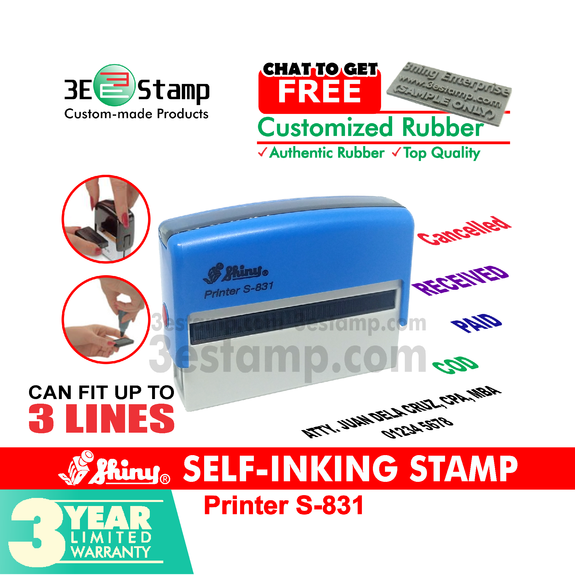 【3E Stamp】 Shiny 831 / S831 / S-831 Self inking Stamp for Personalized Certified Stamp | Lazada PH