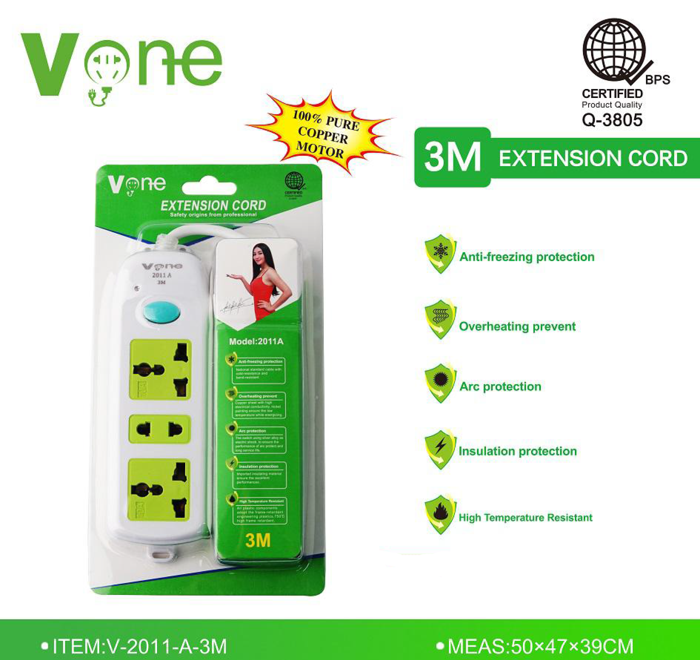 VONE 3M Extension cord with Universal Socket and Switch Intelligent ...