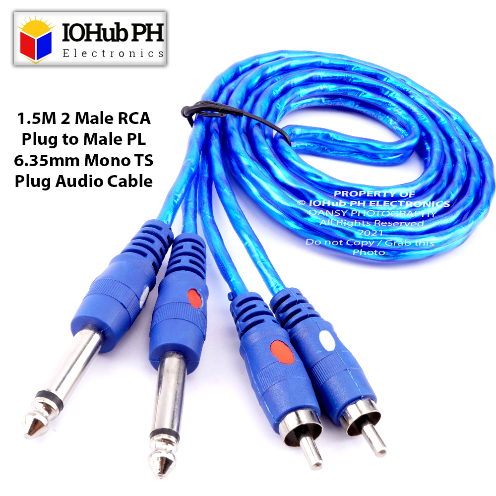 1.5M 2 Male RCA Plug to 2 Male PL 6.35mm Mono TS Plug Cable Audio ...