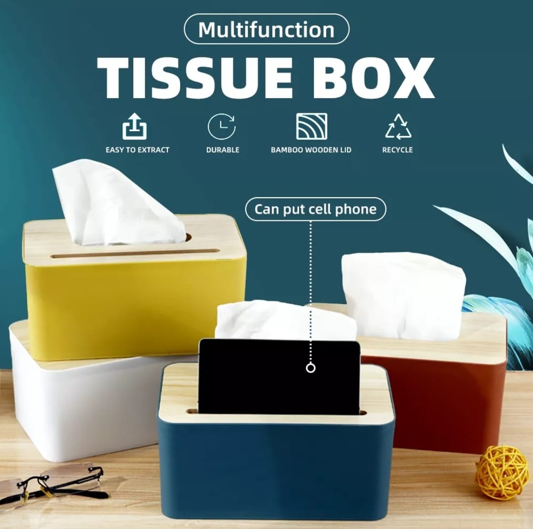 Durable Tissue Box Bamboo Cover Wooden Tissue Box With Cellphone Stand ...