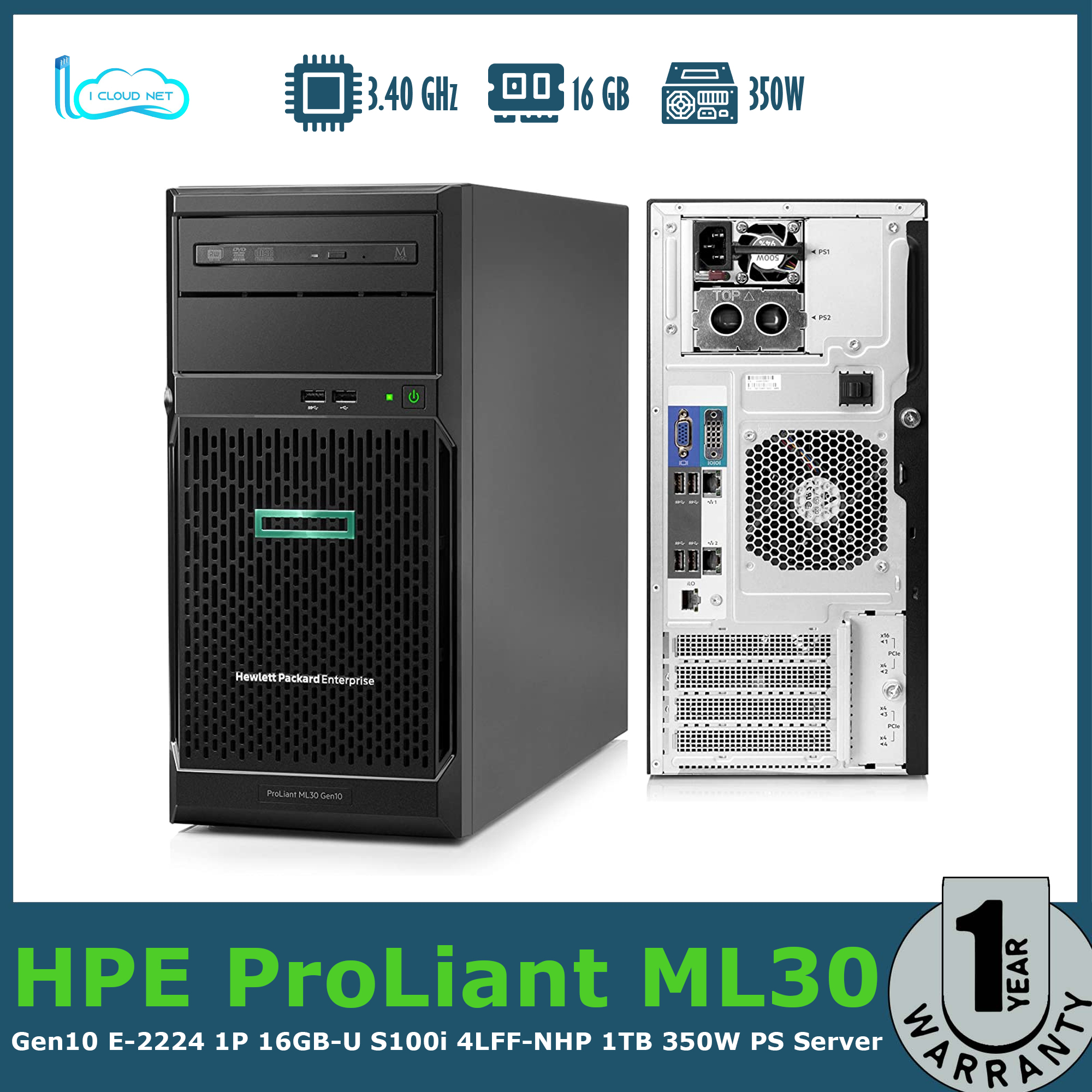 HPE ProLiant ML30 Gen10 E-2224 1P 16GB-U S100i 4LFF 350W PS Server | Lazada PH