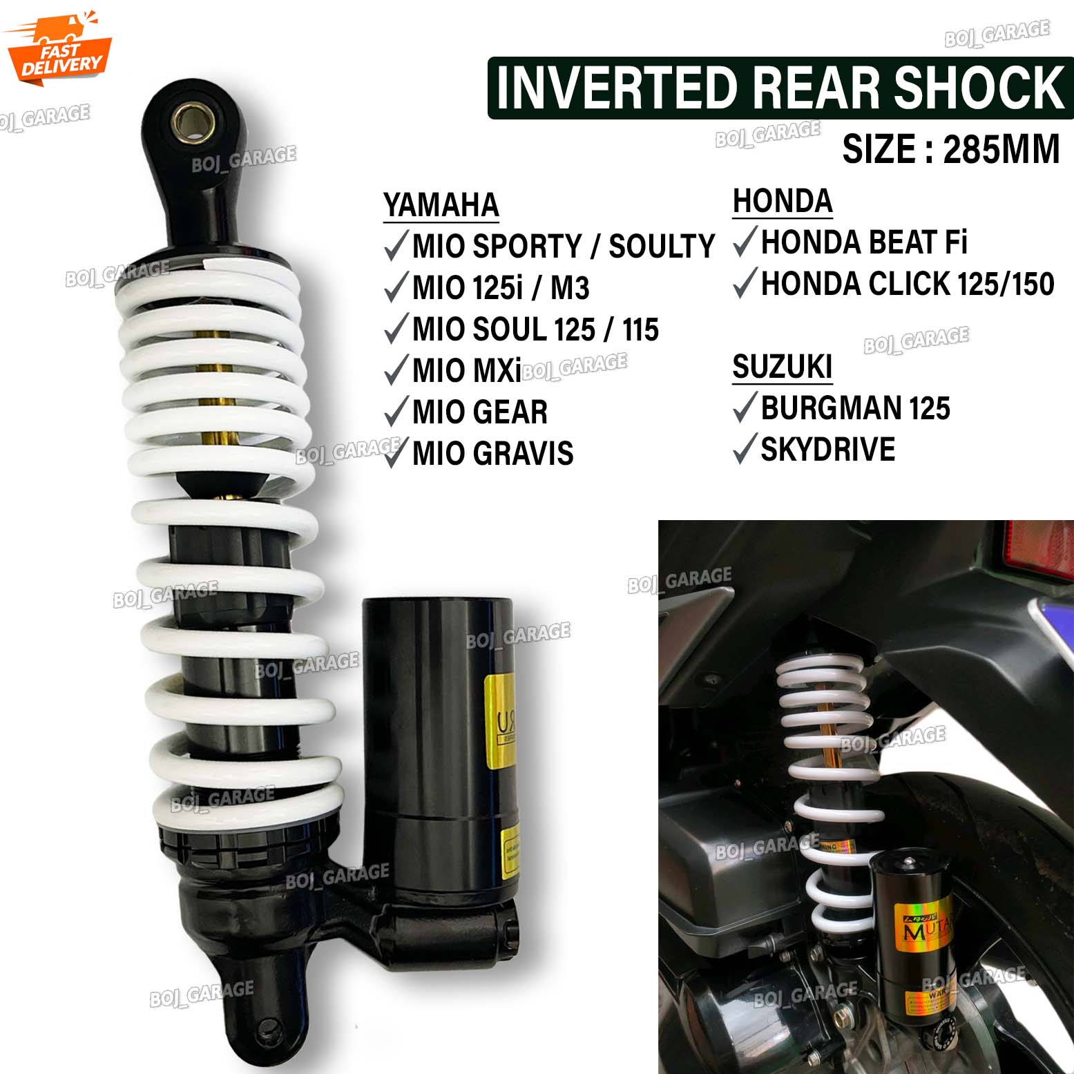 INVERTED BASO STYLE REAR SHOCK MUTARRU WHITE BLACK MIO CLICK BEAT ...