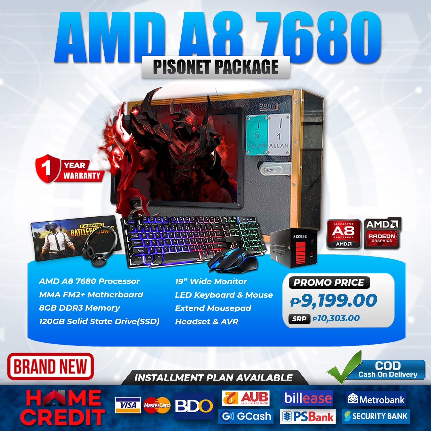 BRANDNEW TABLETOP PISONET-AMD A8-7680-8gb DDR3 120gb SSD-19 WIDE ...